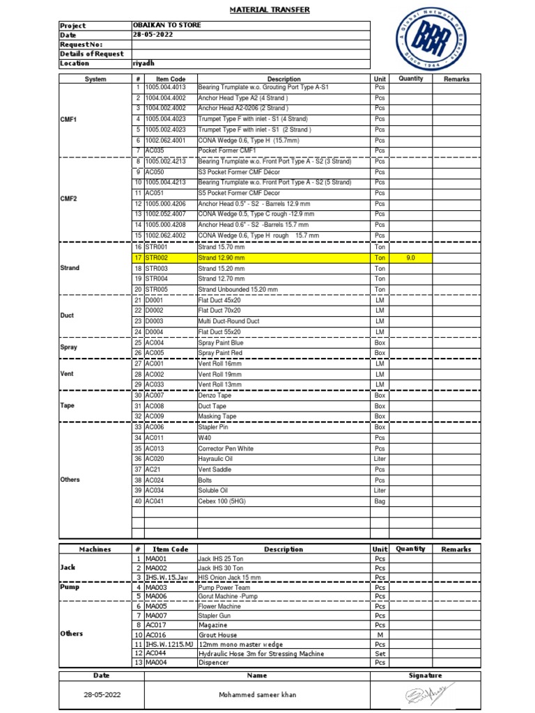 BBR - Material Transfer - Obaikan To Store | PDF | Manufactured Goods ...