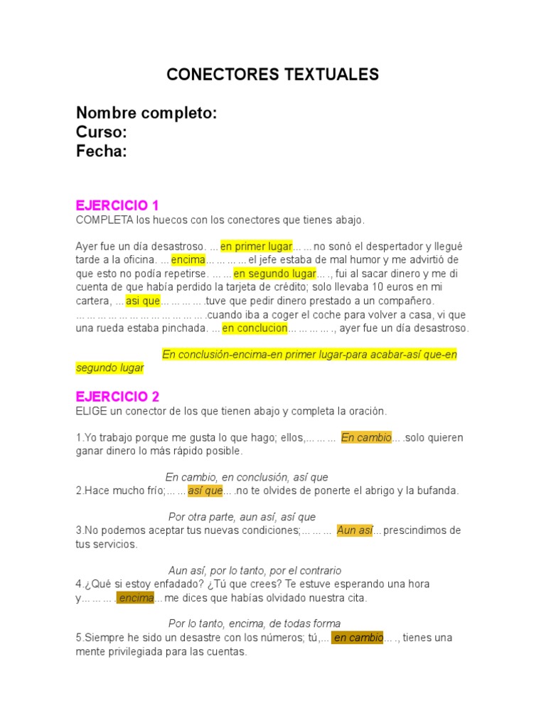 CONECTORES TEXTUALES Ejercicios | PDF CONECTORES TEXTUALES Ejercicios | PDF
