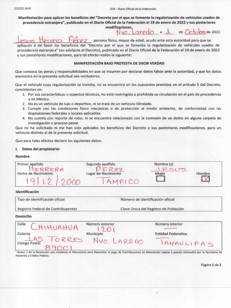 Ejemplo Manifiesto 2022 (Solo Es Ejemplo) | PDF