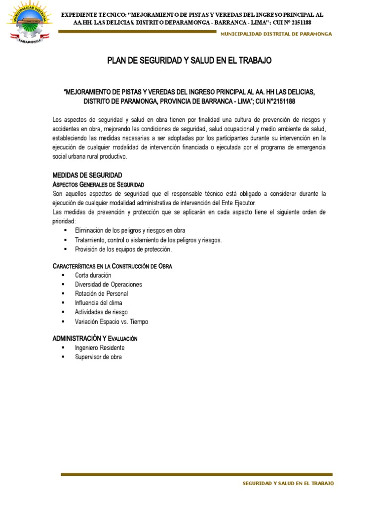 Plan de Seguridad y Salud en El Trabajo | PDF | Seguridad y salud ocupacional | Primeros auxilios