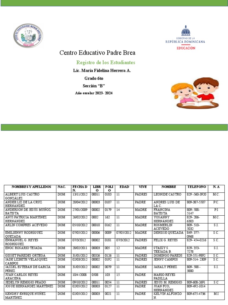 Registro de Los Estudiantes 6to b2023-2024 | PDF