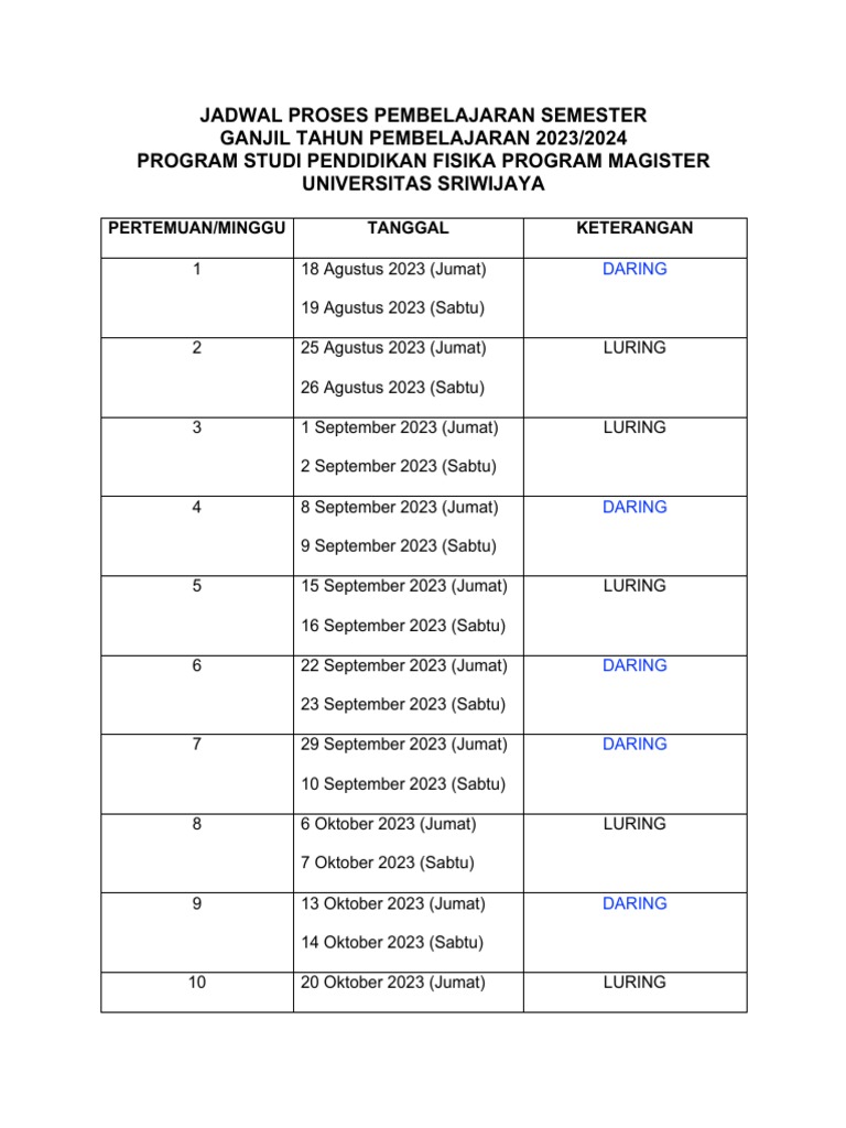Jadwal Luring-Daring 2023-2024 | PDF