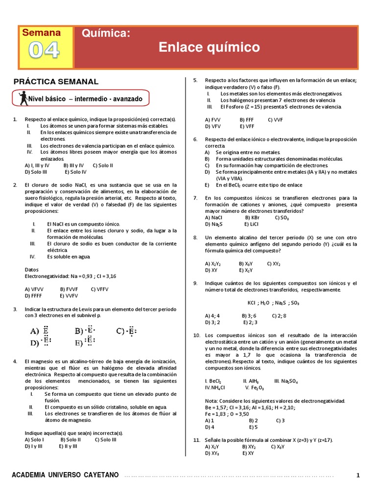 Quimica - Semana 04 - Enlace Quimico | PDF | Enlace covalente | Enlace químico