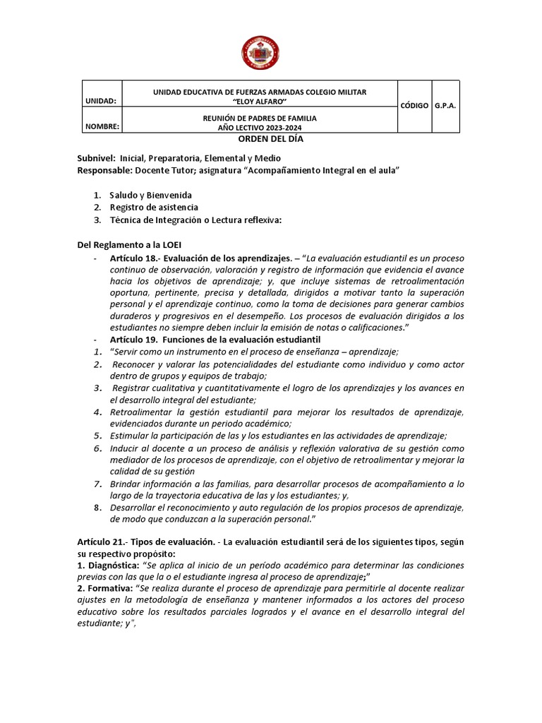 Orden Del Día - Reunión de Padres Subnivel Elemental y Medio | PDF ...