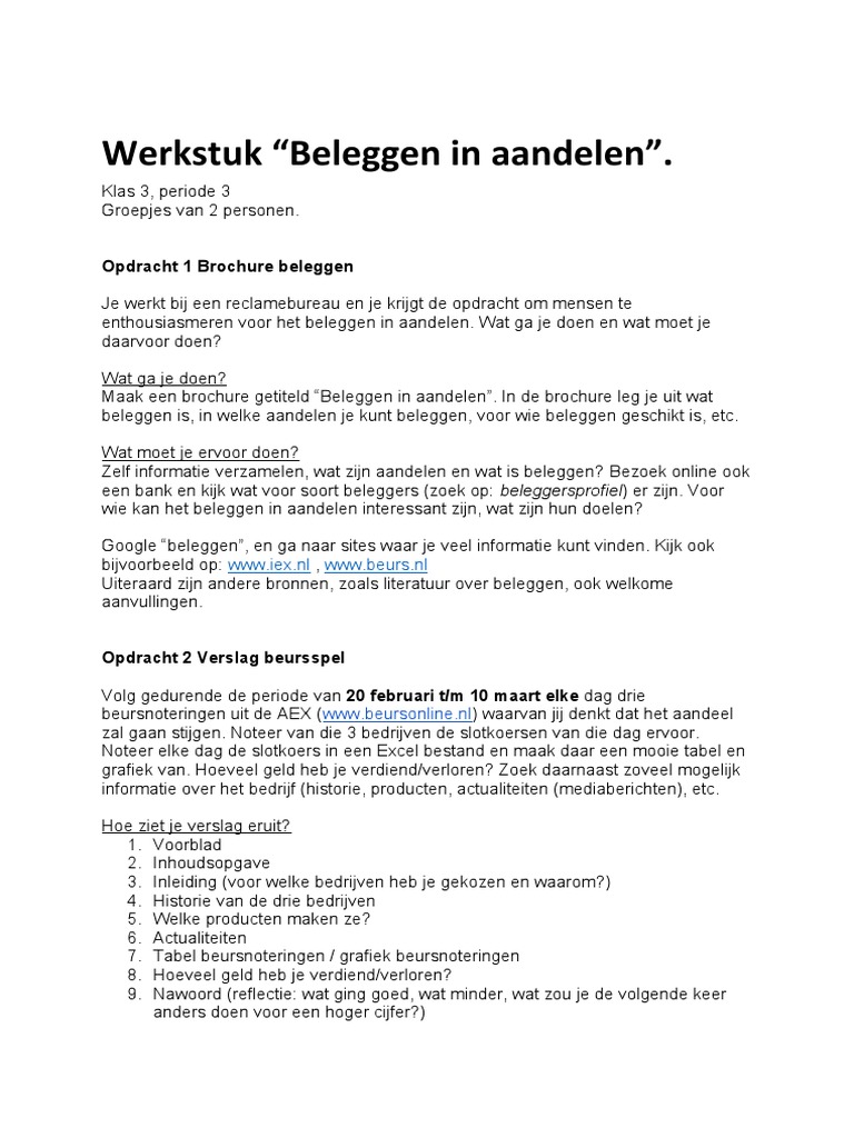 Werkstuk Beleggen in Aandelen | PDF