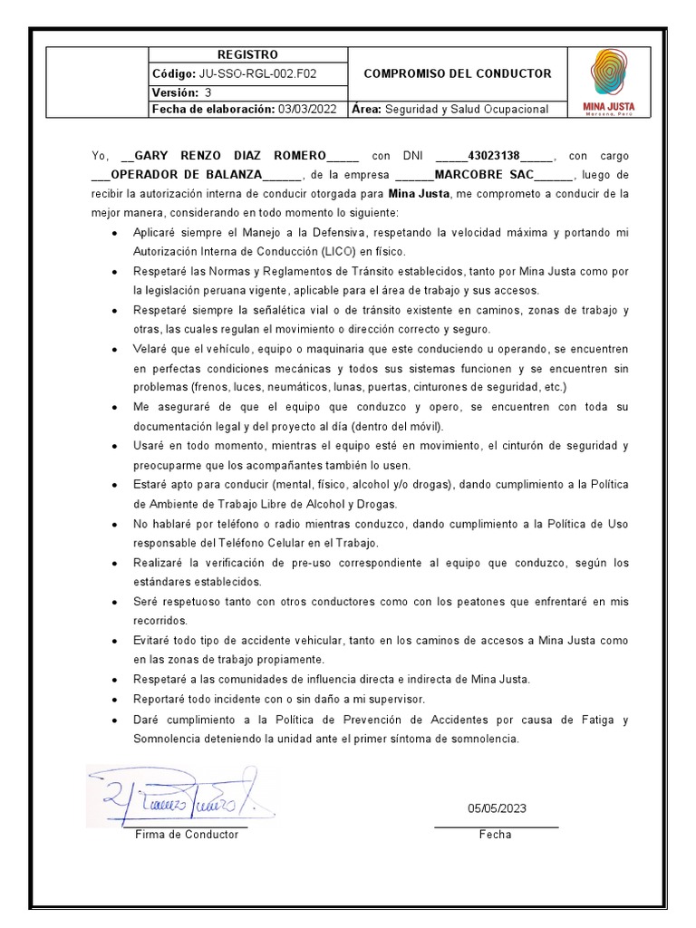 JU-SSO-RGL-002.F01 Compromiso Del Conductor | PDF | Teléfonos móviles