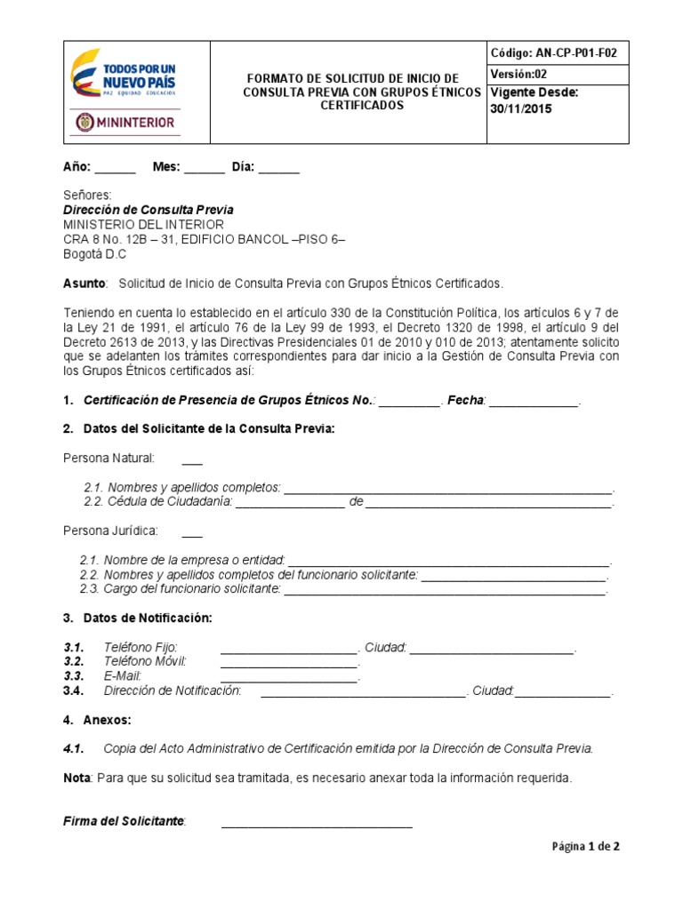 Anexo 1. Formato de Solicitud de Inicio de La Consulta Previa 1 0-2 ...