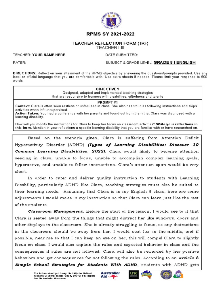 Teacher Reflection Form 9 - 10 Coi | PDF | Wellness