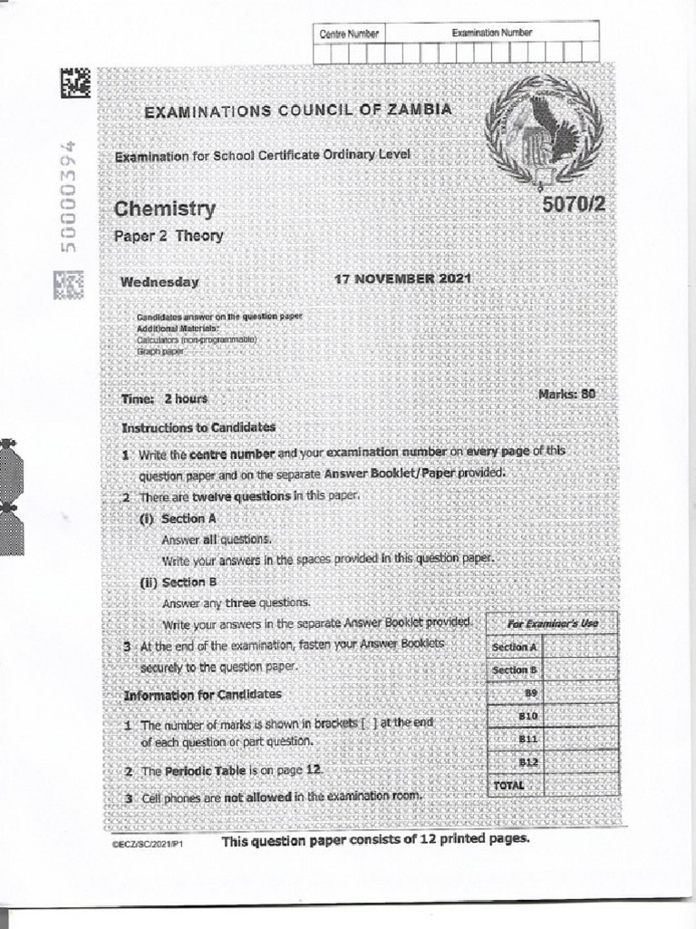ECZ Grade 12 Chemistry - p2 - 2021 | PDF