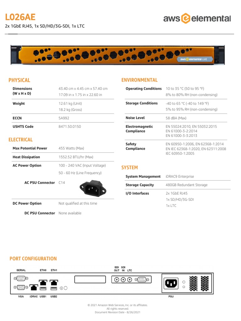 AWS Elemental Live L026AE Specification Sheet | PDF | Power Supply ...