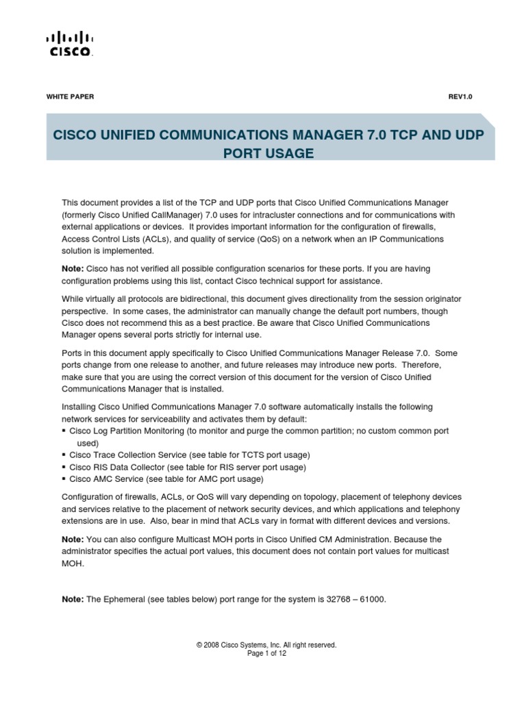 Cisco Unified Communications Manager 7 0 Tcp And Udp Port Usage Pdf Port Computer