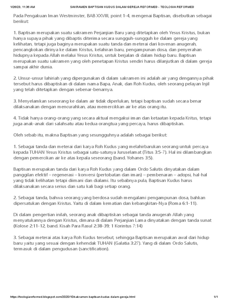 SAKRAMEN BAPTISAN KUDUS - TEOLOGIA REFORMED | PDF