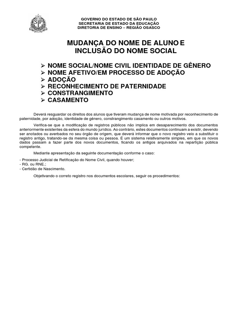 Orientao Mudana de Nome de Aluno e Incluso Do Nome Social | PDF ...