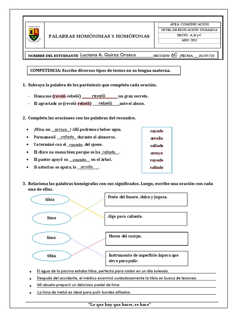 Ficha Palabras Homonimas y Homofonas | PDF