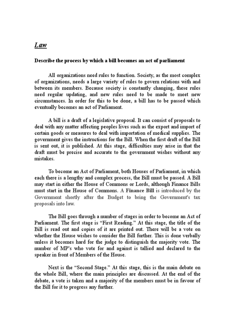 Bill To Become An Act of Parliament | PDF | Bill (Law) | Royal Assent