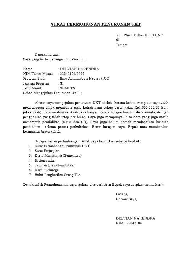 Delvian Narendra - Surat Permohonan Penurunan Ukt | PDF