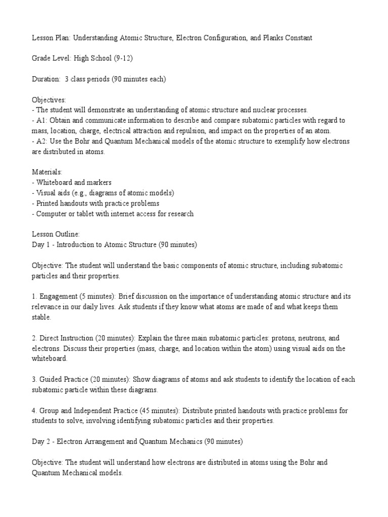 Atomic Structure Lesson Plan for High School | PDF | Atoms | Electron