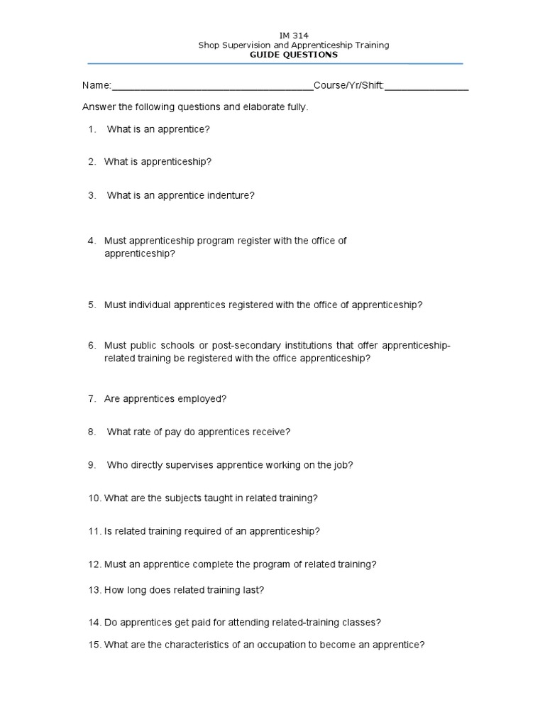 IM 314 Shop Supervision and Apprenticeship Training: Guide Questions | PDF