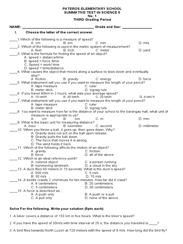 1 Summative Test in Science v 3rd Grading | PDF | Speed | Force