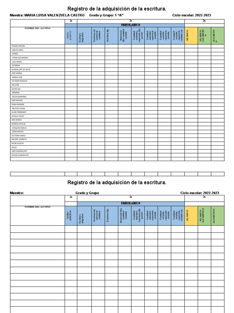 Registro de Adquisición de Escritura Escolar | PDF | Escritura ...