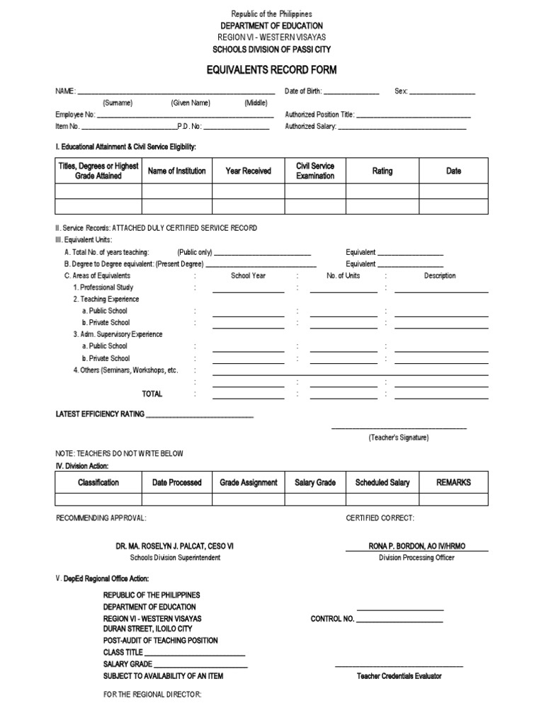 Equivalent Record Form | PDF