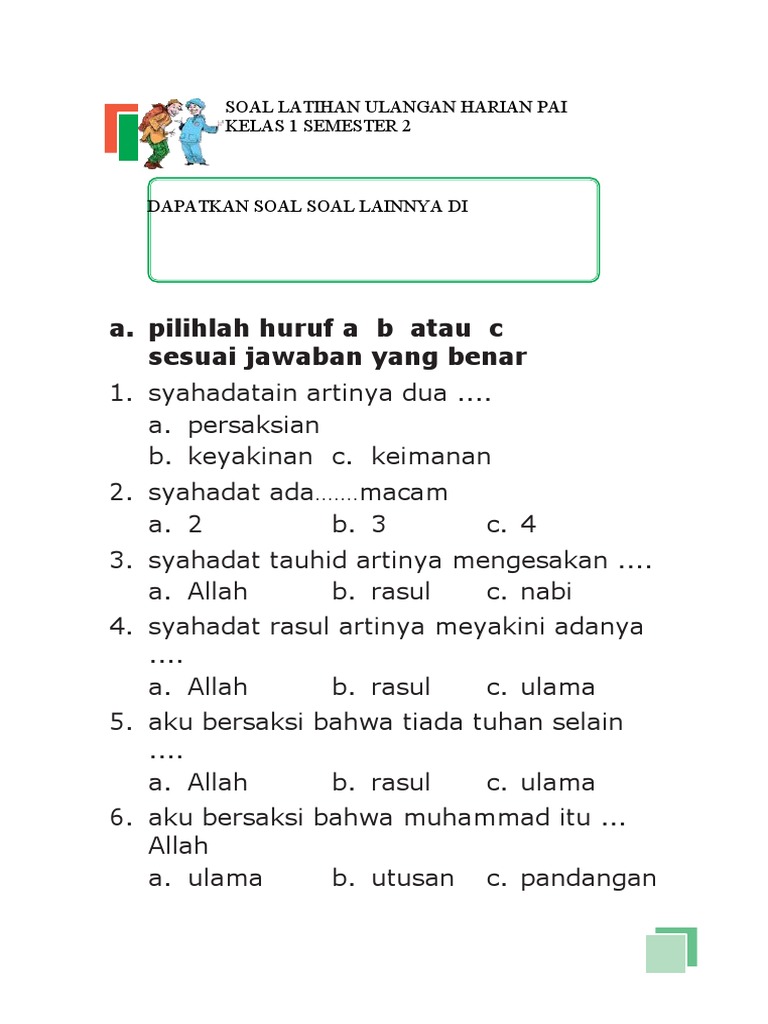 Soal Uh Pai Kelas 1 Bab Syahadatain Seme | PDF