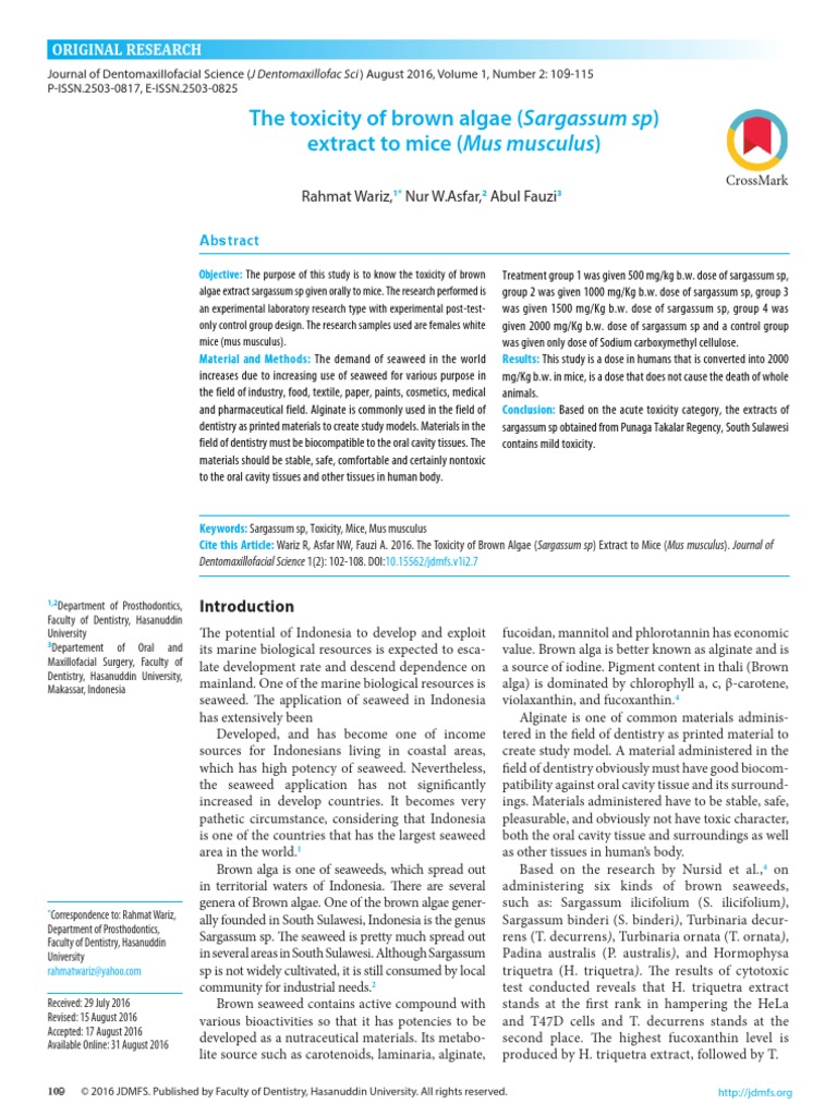 The Toxicity of Brown Algae (Sargassum SP) Extract To Mice (Mus Musculus) | Download Free PDF ...