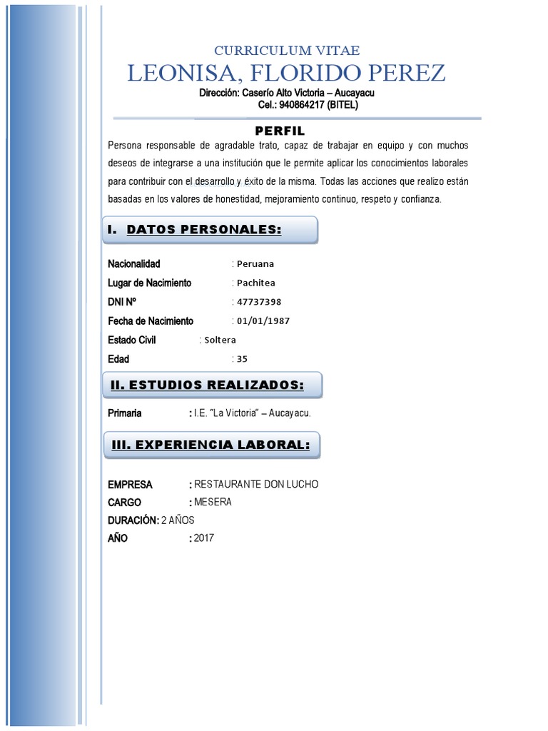 Curriculum de Vitae LEONISA, FLORIDO PEREZ | PDF