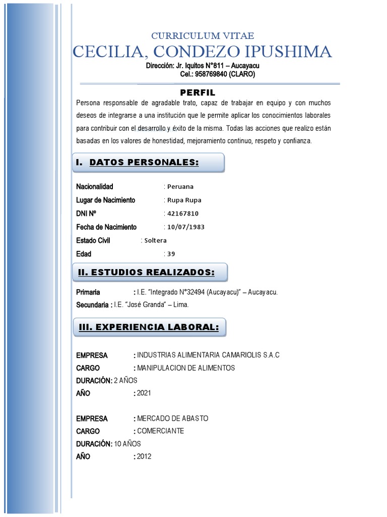 Curriculum de Vitae CECILIA, CONDEZO IPUSHIMA | PDF | Negocios | Ciencias sociales