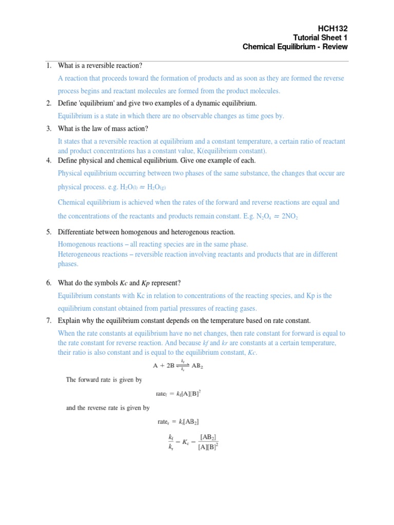 Tutorial 1 Solution | PDF | Reaction Rate | Chemical Equilibrium