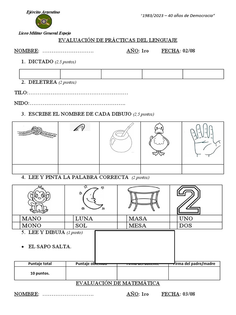 EVALUACIÓN DE LENGUA LETRAS VISTAS - AGOSTO | PDF