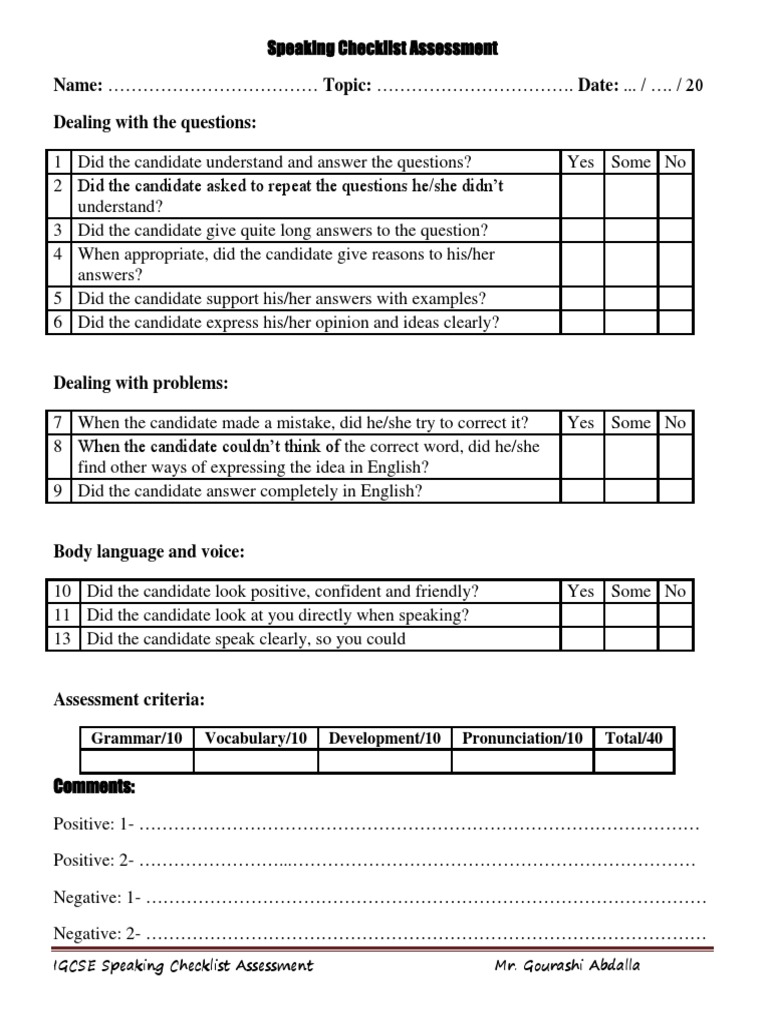 Speaking Checklist Assessment | PDF | Career & Growth | Language Arts ...