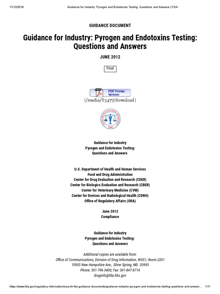 Endotoxins - Pyrogens Testing - Questions and Answers - FDA | PDF ...