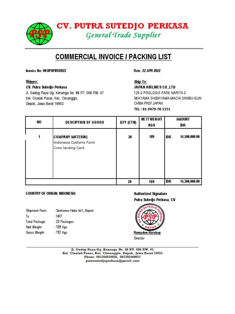 PACKING LIST & INVOICE JAL COMAT 0461 NRT | PDF
