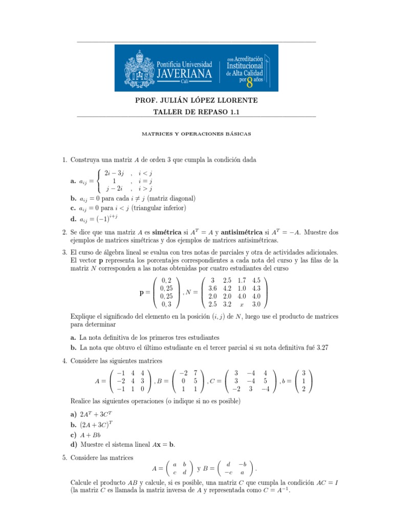Taller 1.1 (Matrices y Sus Operaciones Básicas) | PDF | Matriz (Matemáticas) | Conceptos matemáticos