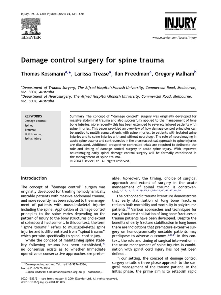 Damage Control Surgery For Spine Trauma | PDF | Spinal Cord Injury | Injury