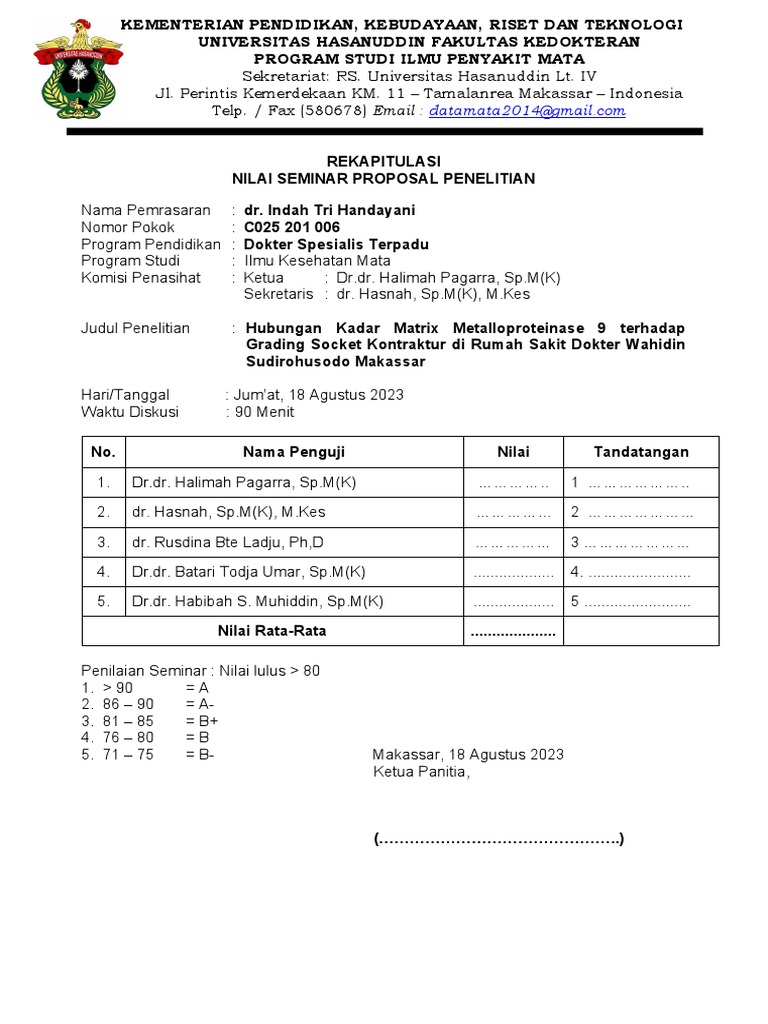 DAFTAR NILAI SEMINAR PROPOSAL PENELITIAN Dr. Indah Tri Handayani | PDF
