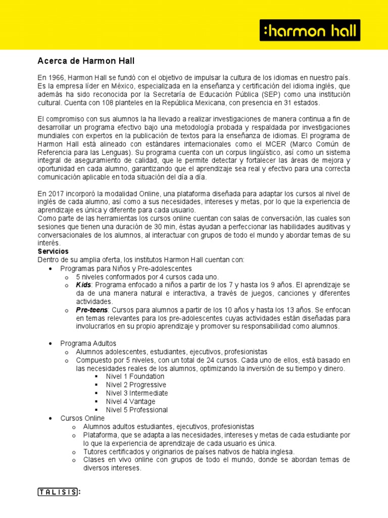 612e4f9773d6c8c8cbc1366b - Fact Sheet Harmon Hall Logo Actual 2021 | PDF | Prueba de Inglés como ...