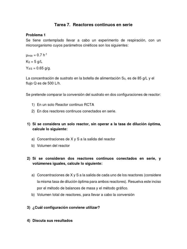 Tarea 7. Problemas de Reactores Continuos en Serie | PDF | Ciencia y matemáticas