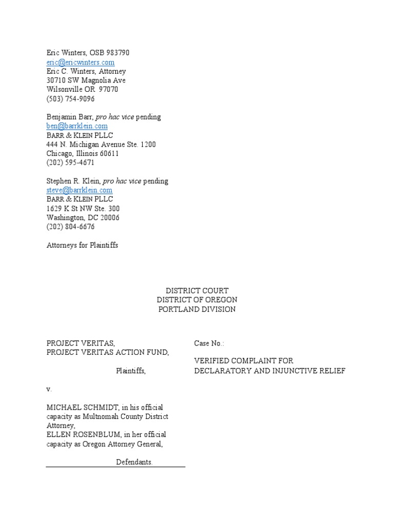 Project Veritas v. Schmidt Verified Complaint 2020 | PDF | Legal Remedy ...