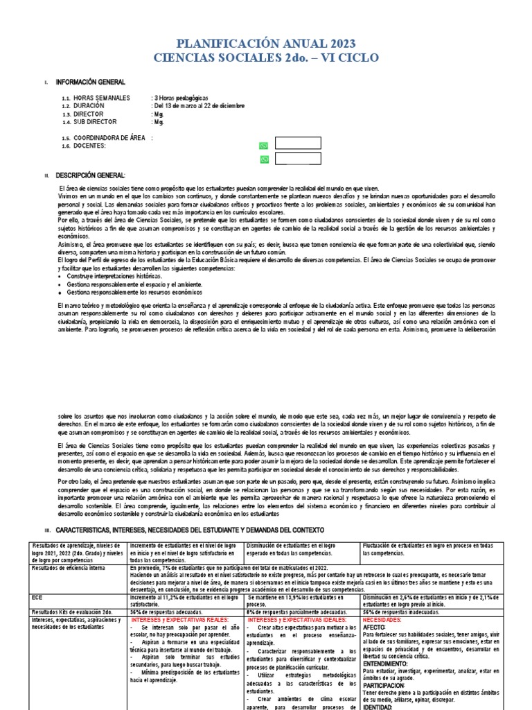 PLANIFICACIÓN ANUAL 2023 - CC - SS - 2do GRADO | PDF | Evaluación | Aprendizaje