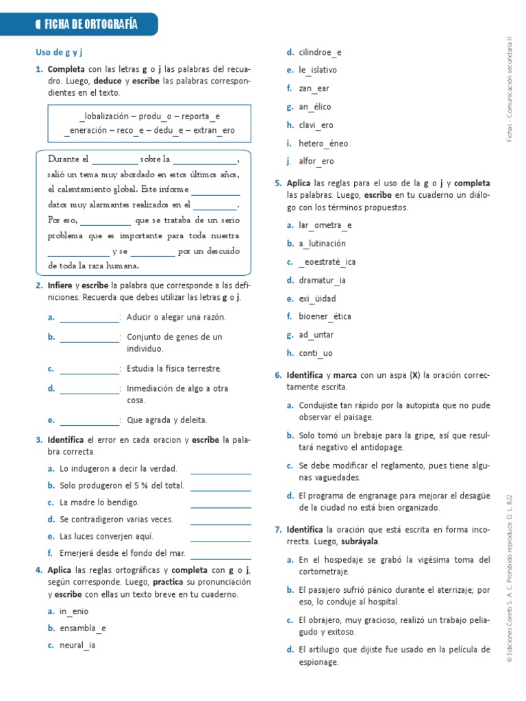 Ficha de Ortografía: Usodegyj 1. D. E. F. G. H. I. J 5 | PDF