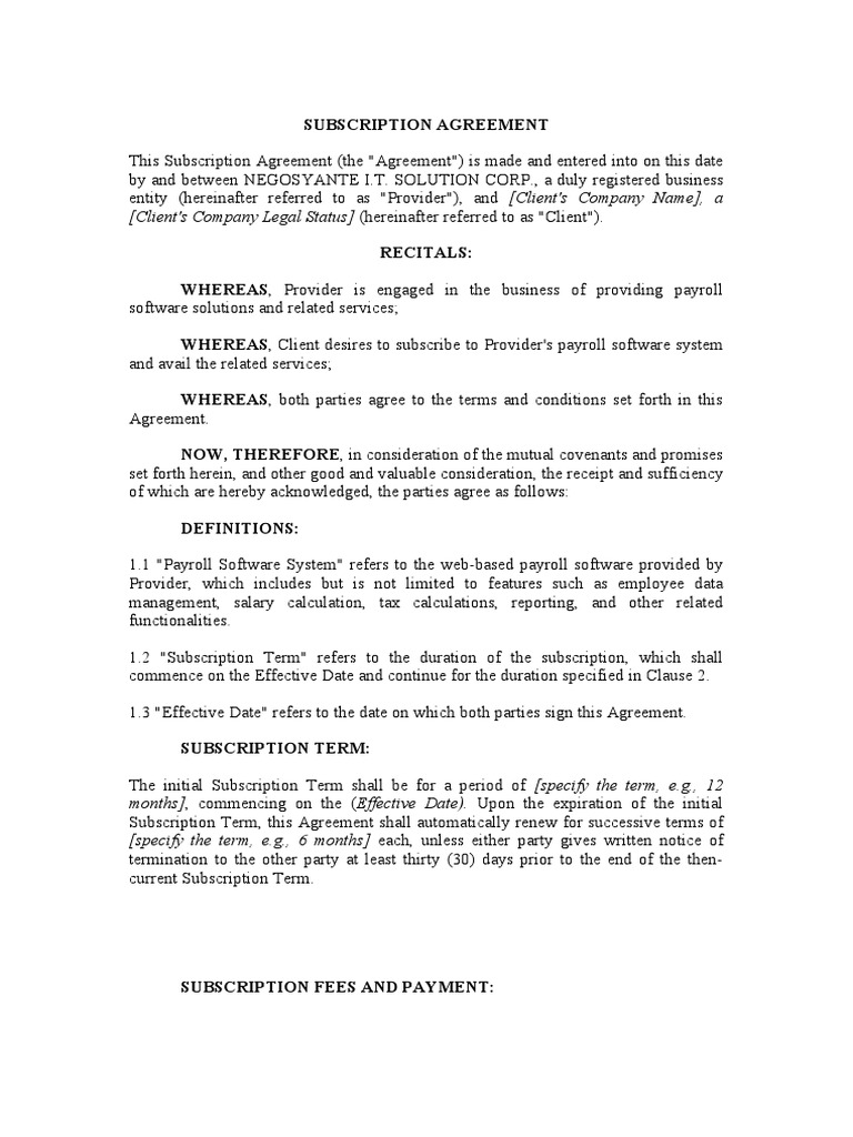 Payroll Software Subscription Terms | PDF | Breach Of Contract ...
