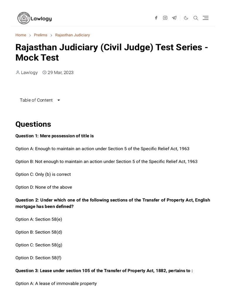 Rajasthan Judiciary Civil Judge Test Series Mock Test Lawlogy 1 | PDF
