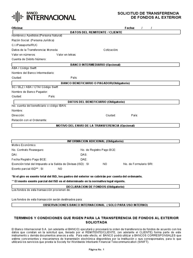 Solicitud de Transferencias Al Exterior | PDF | Transferencia bancaria ...