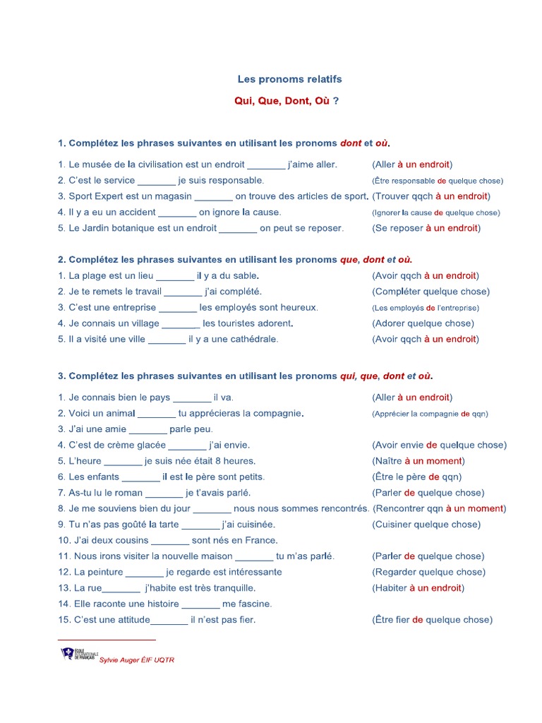 Pronoms Relatifs - Exercices | PDF
