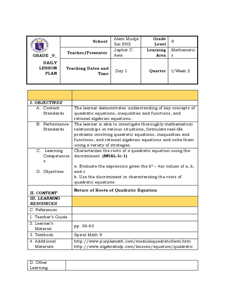 School Grade Level Teacher/Presenter Learning Area Teaching Dates and ...