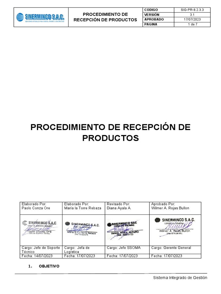 SIG-PR-8.2.3.3 Procedimiento de Recepción de Productos | PDF | Logística | Sistema de manejo de ...