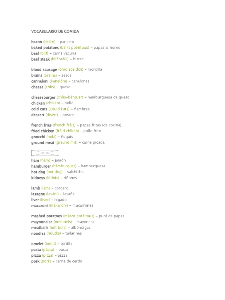 Vocabulario Comida Ingles | PDF | Pancho | Curry