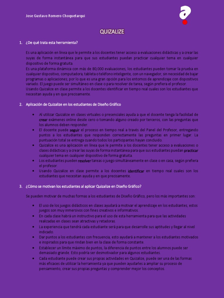 QUIZALIZE Jose Gustavo Romero Choquetarqui | PDF | Enseñando | Software de la aplicacion